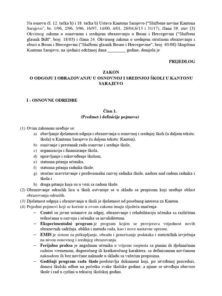 Prijedlog Zakona o Odgoju I Obrazovanju U Osnovnoj I Srednjoj Školi - Objava | PDF