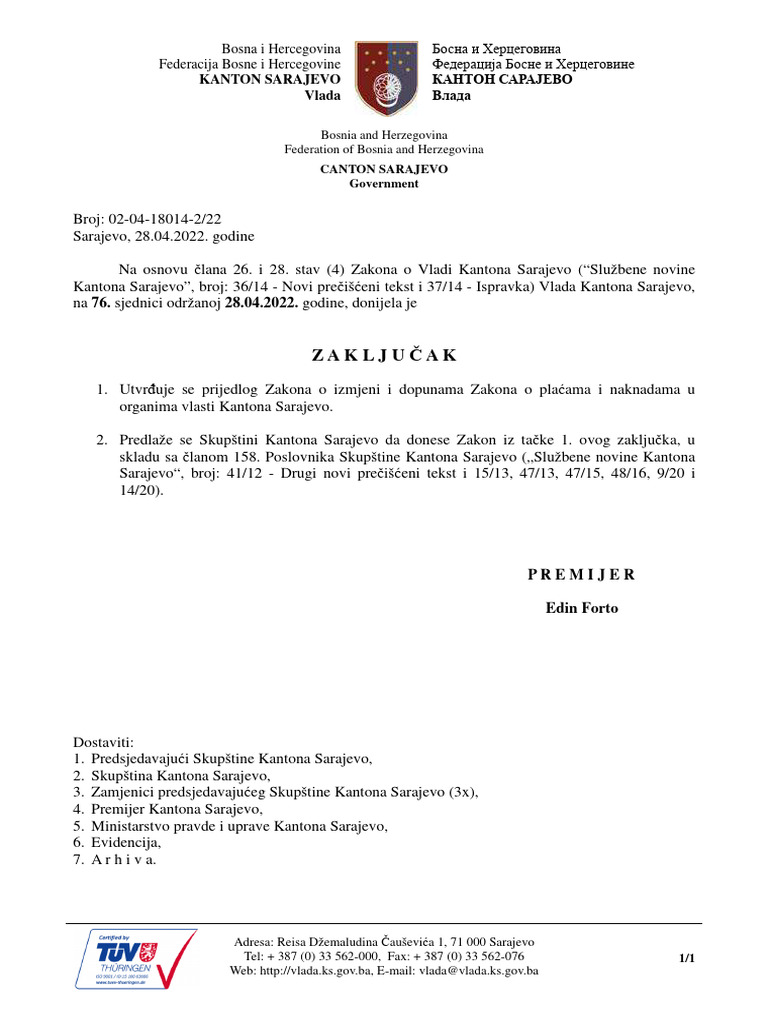 Zaključak: Bosna I Hercegovina Federacija Bosne I Hercegovine Kanton Sarajevo | PDF