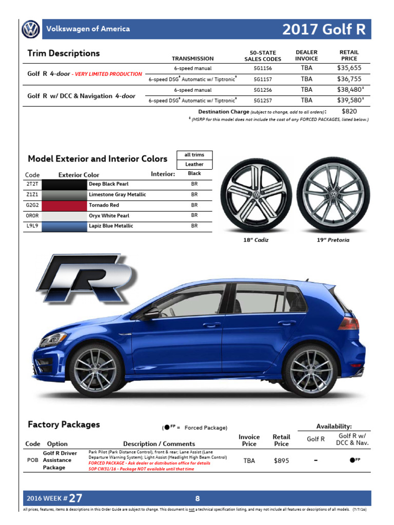 2017 VW Golf R Order Guide | PDF | Headlamp | Automotive Technologies