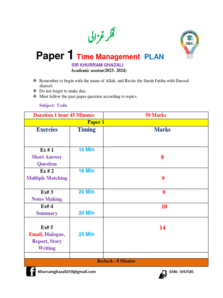 Urdu, Time Management Plan With SKG | PDF