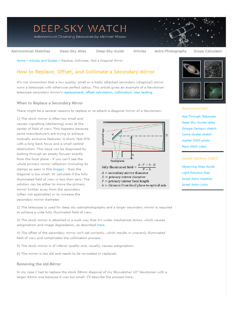 Secondary Mirror Replacement, Offset, Collimation | PDF | Mirror | Optics
