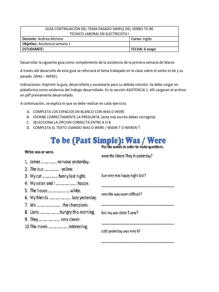 Guia Continuacion Del Tema Pasado Simple Del Verbo To Be | PDF