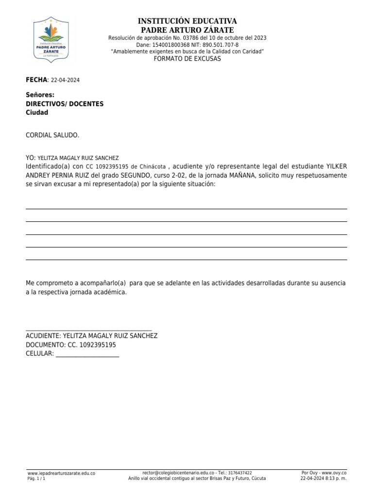 Formato de Excusas Yilker Andrey Pernia Ruiz 2024 | PDF