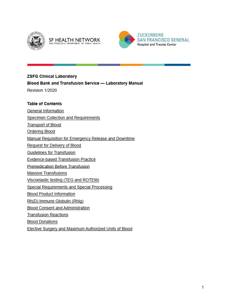 ZSFG Blood Bank and Transfusion Service - Laboratory Manual 2020 - Pages Version | PDF | Blood ...