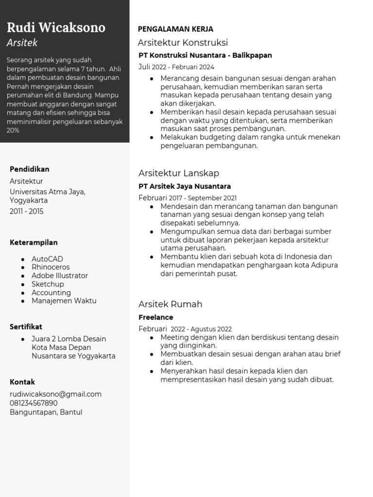 Contoh CV Arsitek | PDF | Bisnis | Pengelolaan Keuangan & Uang