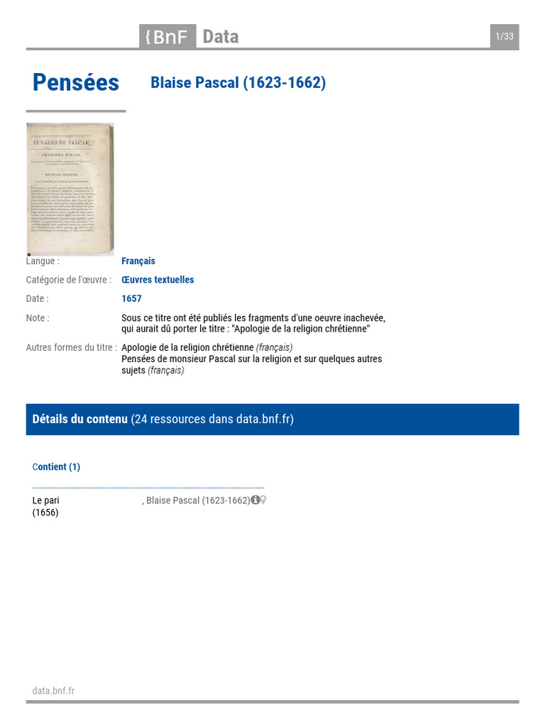 Pensées: Blaise Pascal (1623-1662) | PDF | Livres