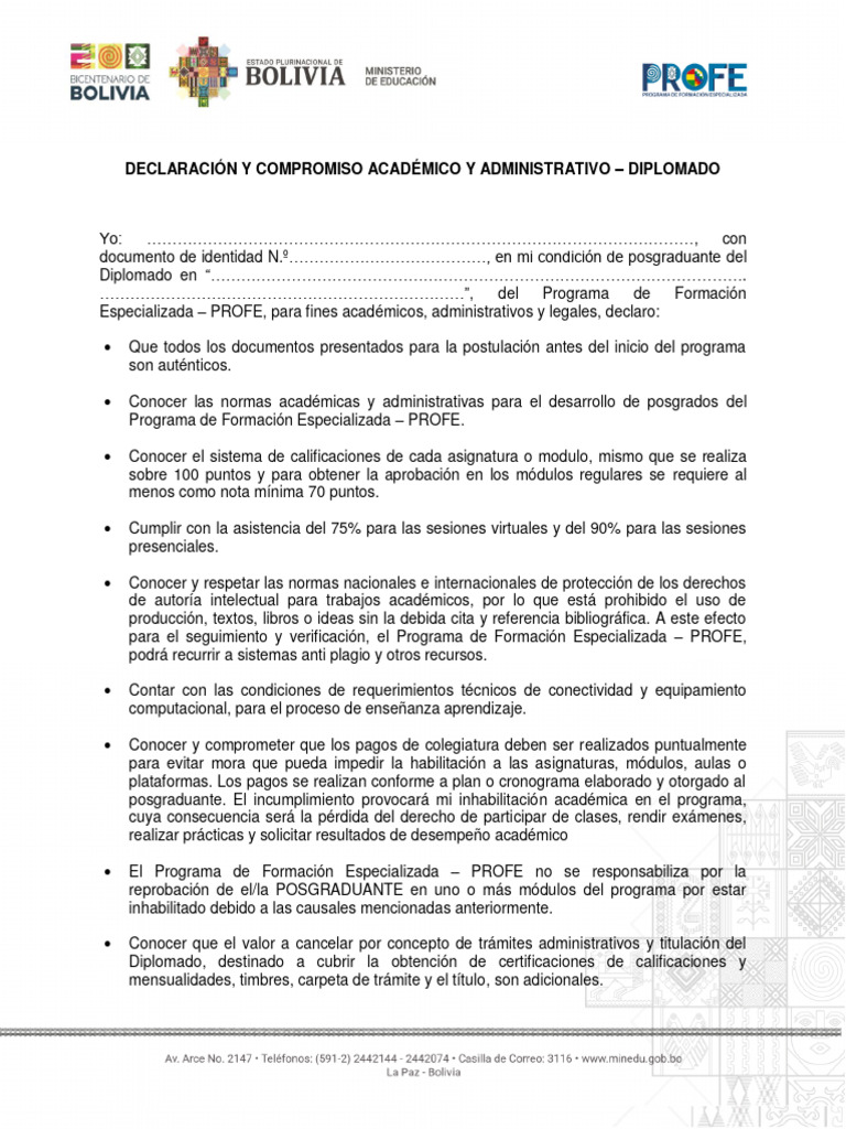 Carta de declaración y compromiso académico | PDF