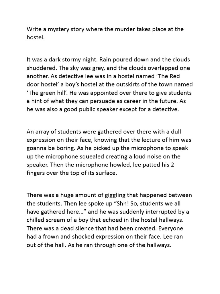 Write a mystery story where the murder takes place at the hostel | PDF