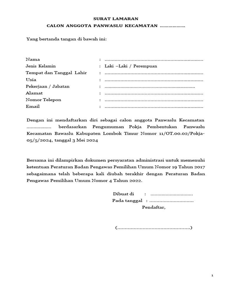 Surat Lamaran Calon Anggota Panwaslu | PDF