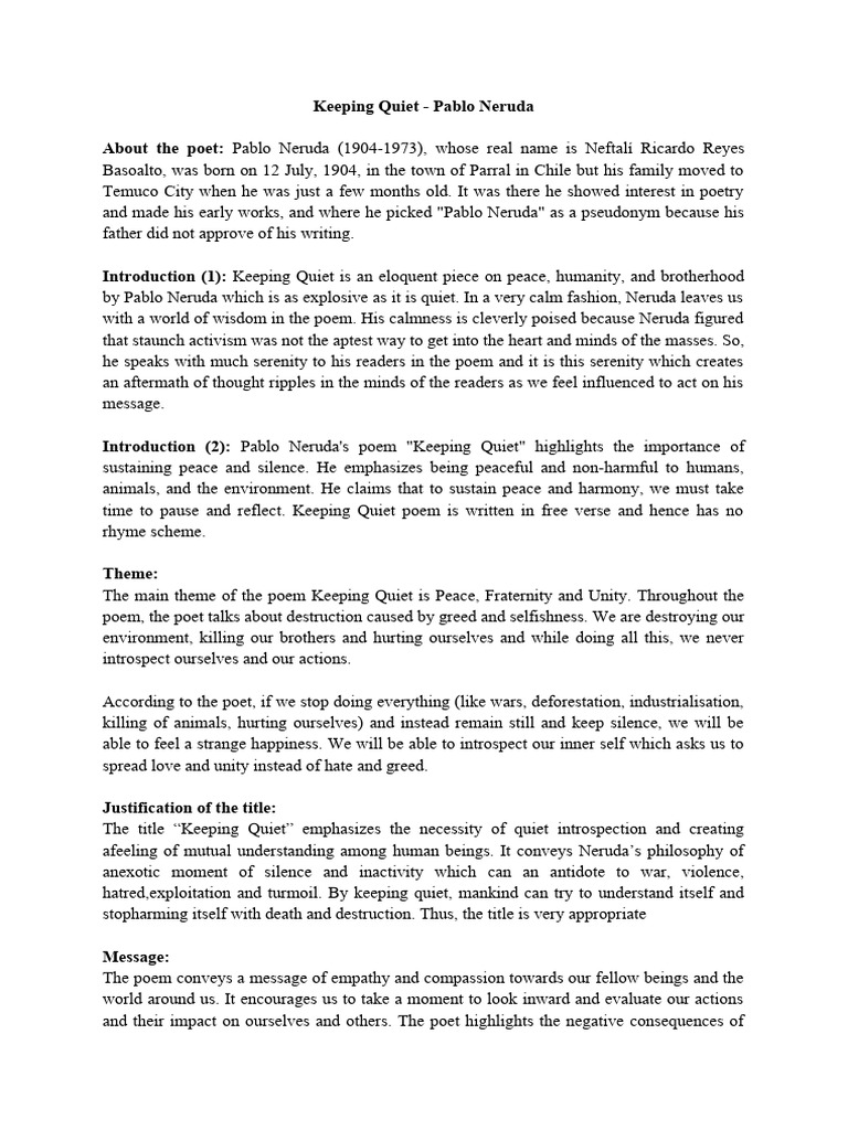 Keeping Quiet - Pablo Neruda | PDF | Poetry | Psychology