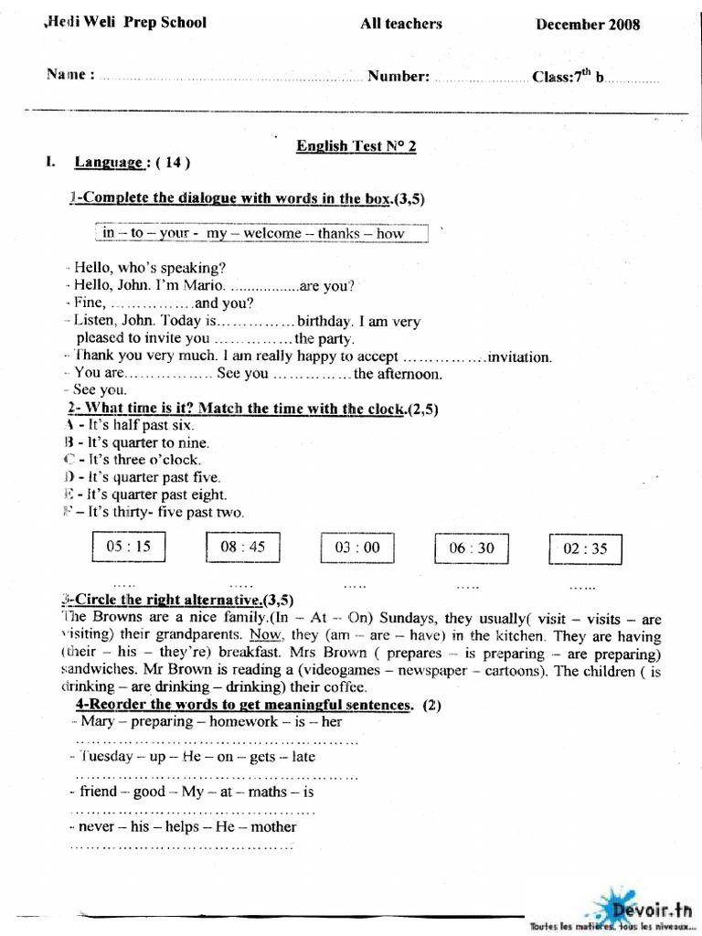 devoir-de-synthèse-n°1--2008-2009(hedi-weli-perp-school) | PDF