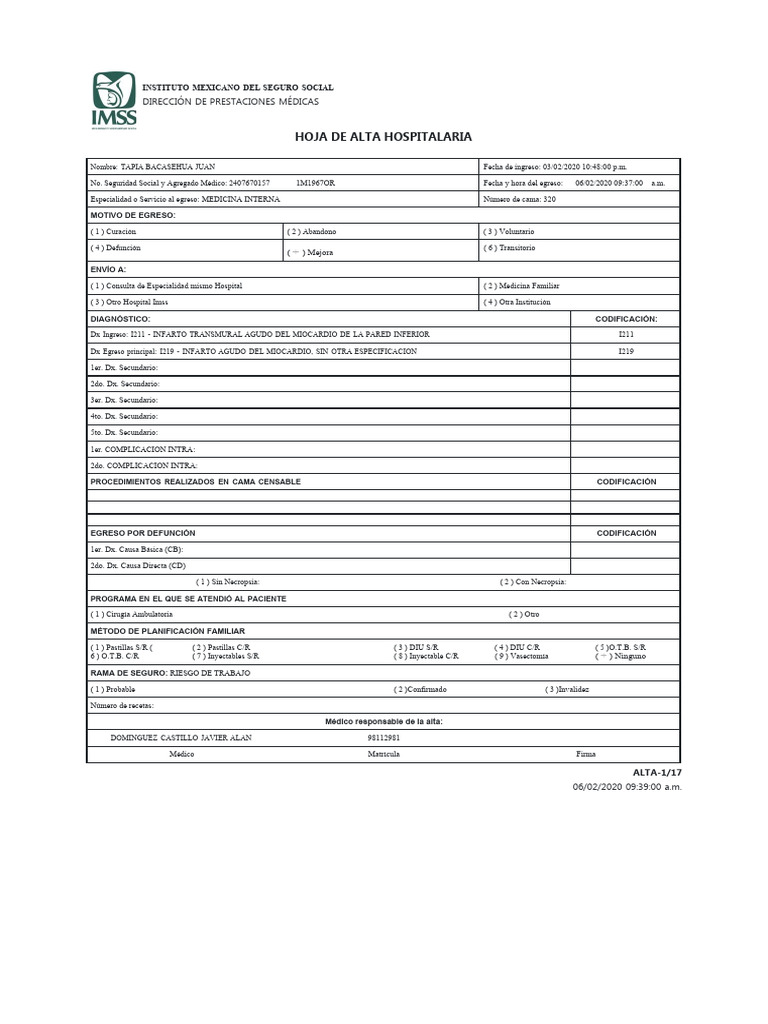 Formato de Hoja de Alta Hospitalaria | PDF | Hospital | Ciencias de la ...