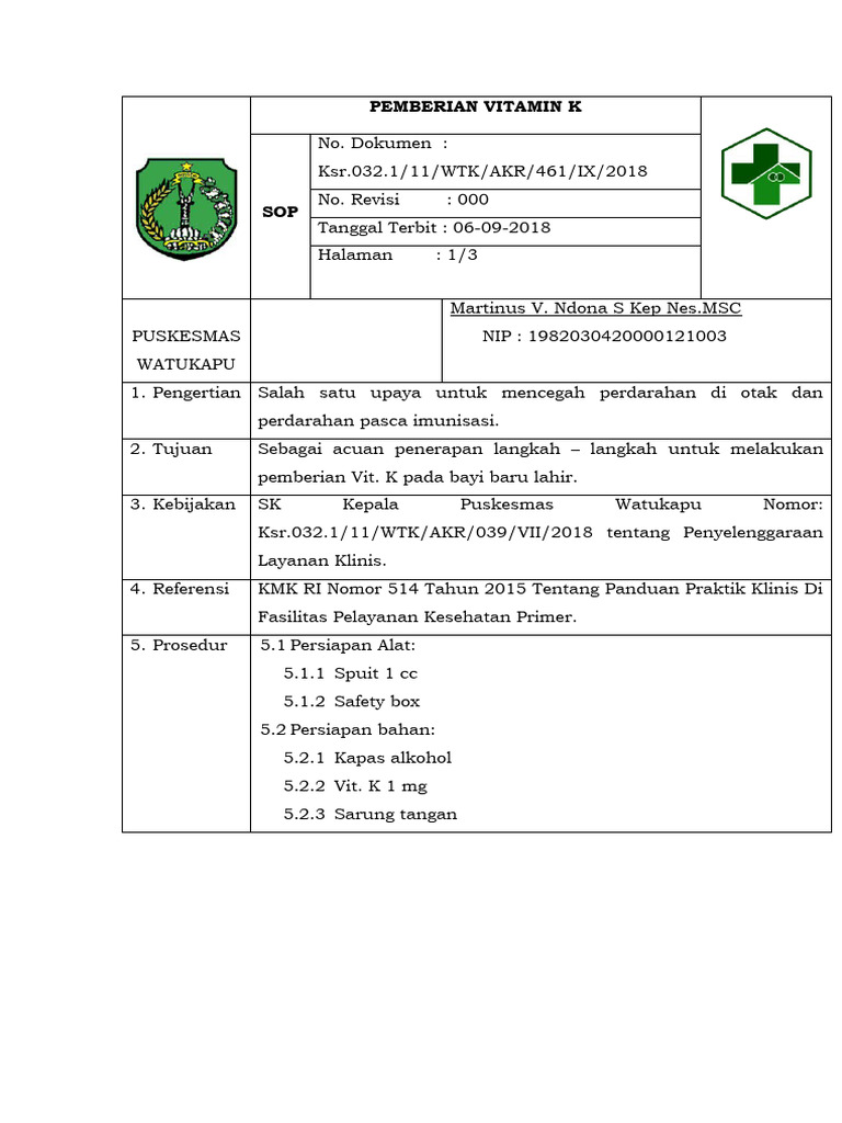 Sop Pemberian Vitamin k | PDF