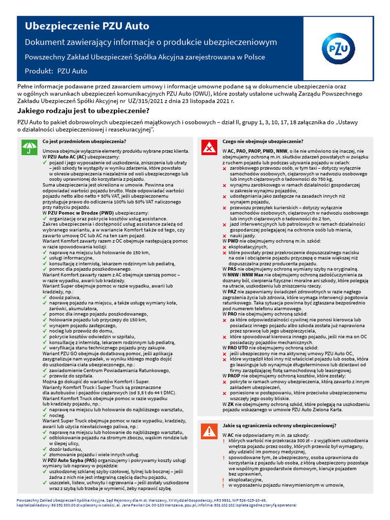 Karta Produktu - PZU - Auto - 6H33 - IV | PDF
