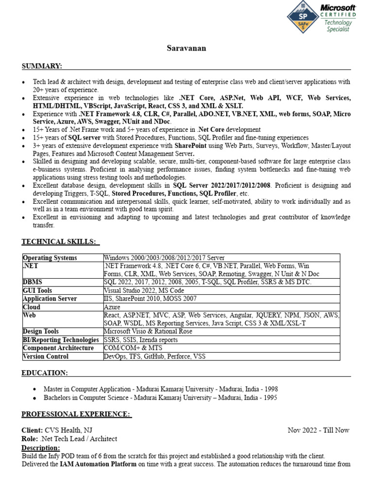 Saravanan (Resume) | PDF | Microsoft Sql Server | World Wide Web