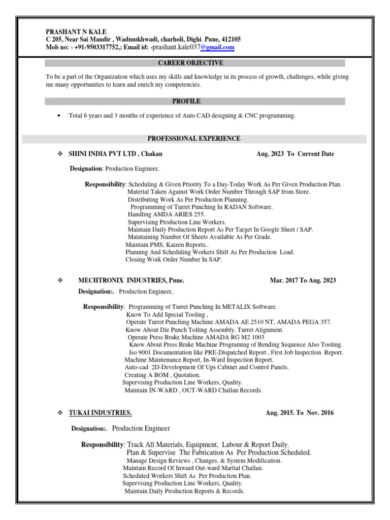 Prashant Kale - CV Sup 2023 | PDF | Engineering Prashant Kale - CV Sup 2023 | PDF | Engineering