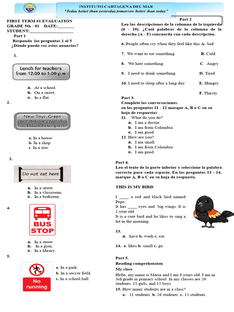 5th Grade Evaluation Test Format | PDF