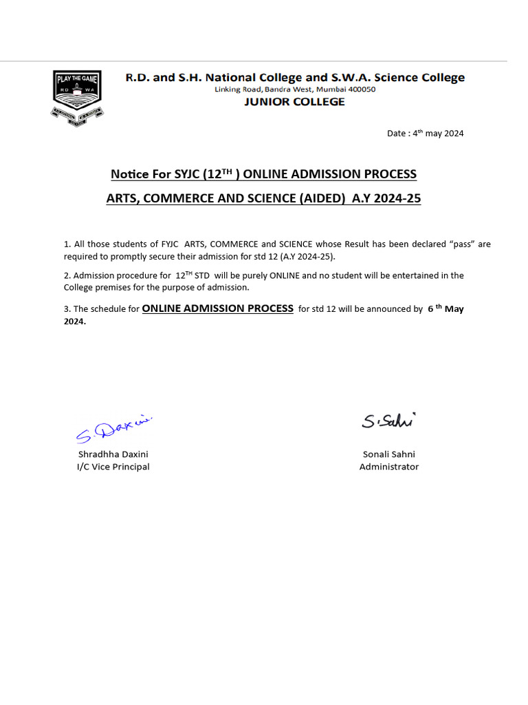 SYJC 12th Online Admission 2024-25 | PDF