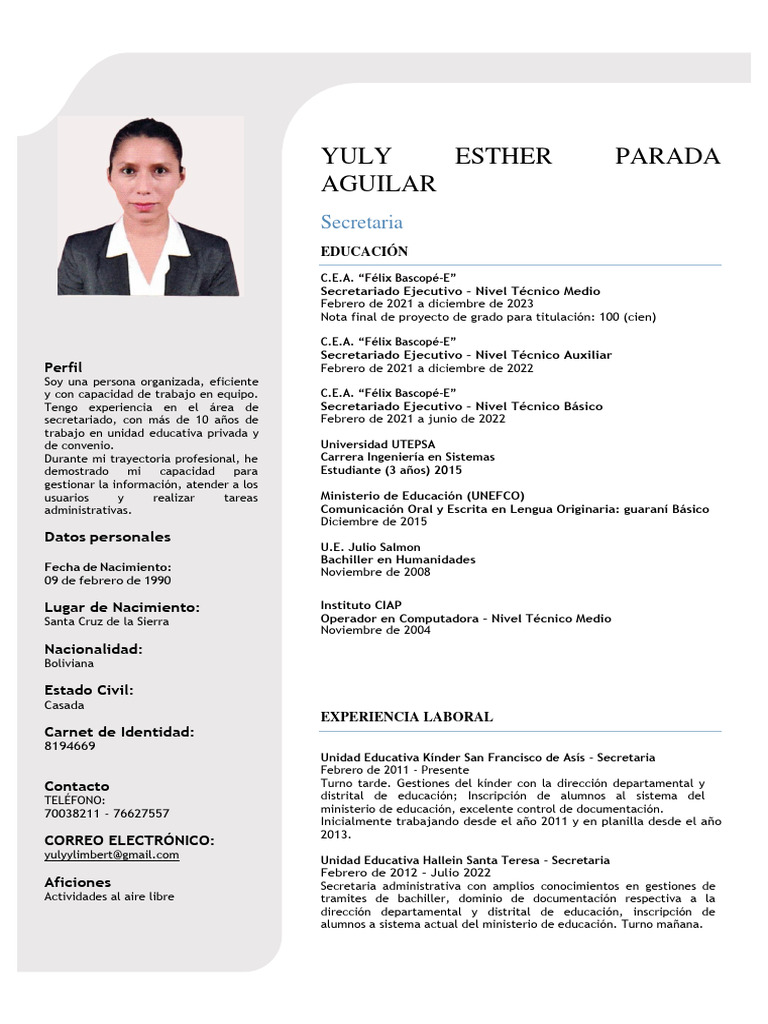 Hoja de Vida Yuly Esther Parada Aguilar | PDF | Educación de la primera ...