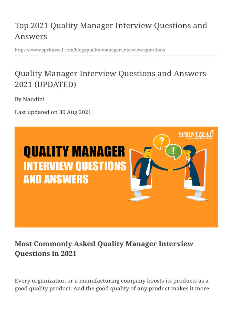 Top 2021 Quality Manager Interview Questions Answer | PDF | Quality Management | Quality ...