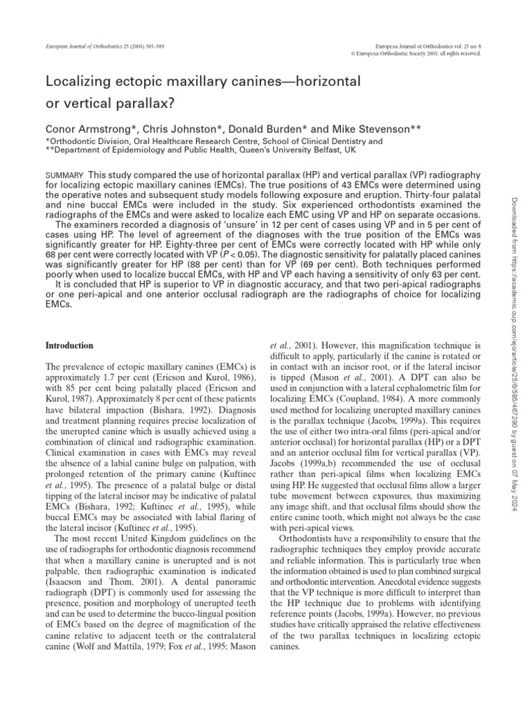 Localizing Ectopic Maxillary Canines-Horizontal or Vertical Parallax? | PDF | Orthodontics ...