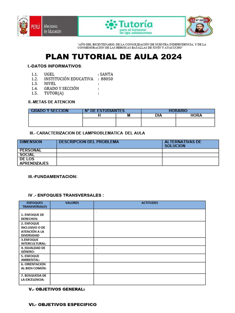 Esquema Plan Tutorial de Aula I.E - 2023 | PDF | Salón de clases | Internet