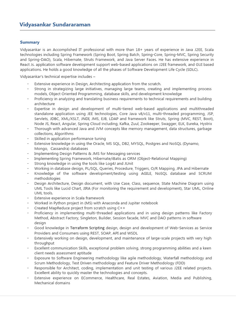 BMR Vidyasankar Sundaraman JAVA Soln Architect Resume | PDF | Spring Framework | Software ...