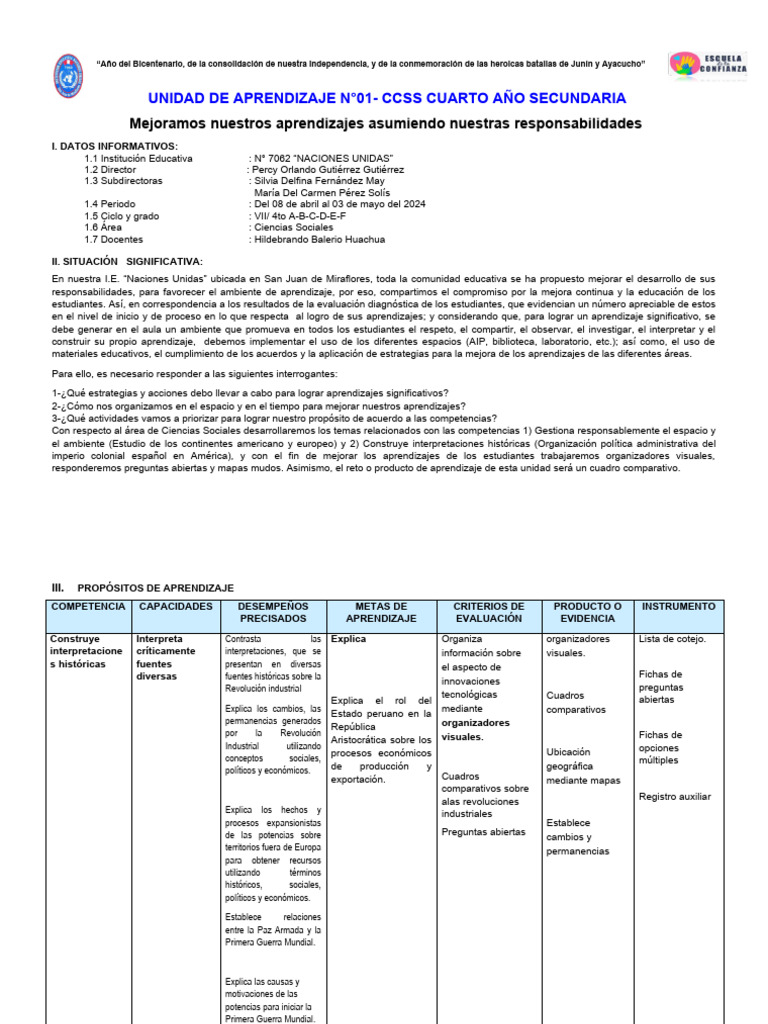 UA01-NNUU24 CCSS CUARTO AÑO[1] | PDF | Aprendizaje | Enseñando