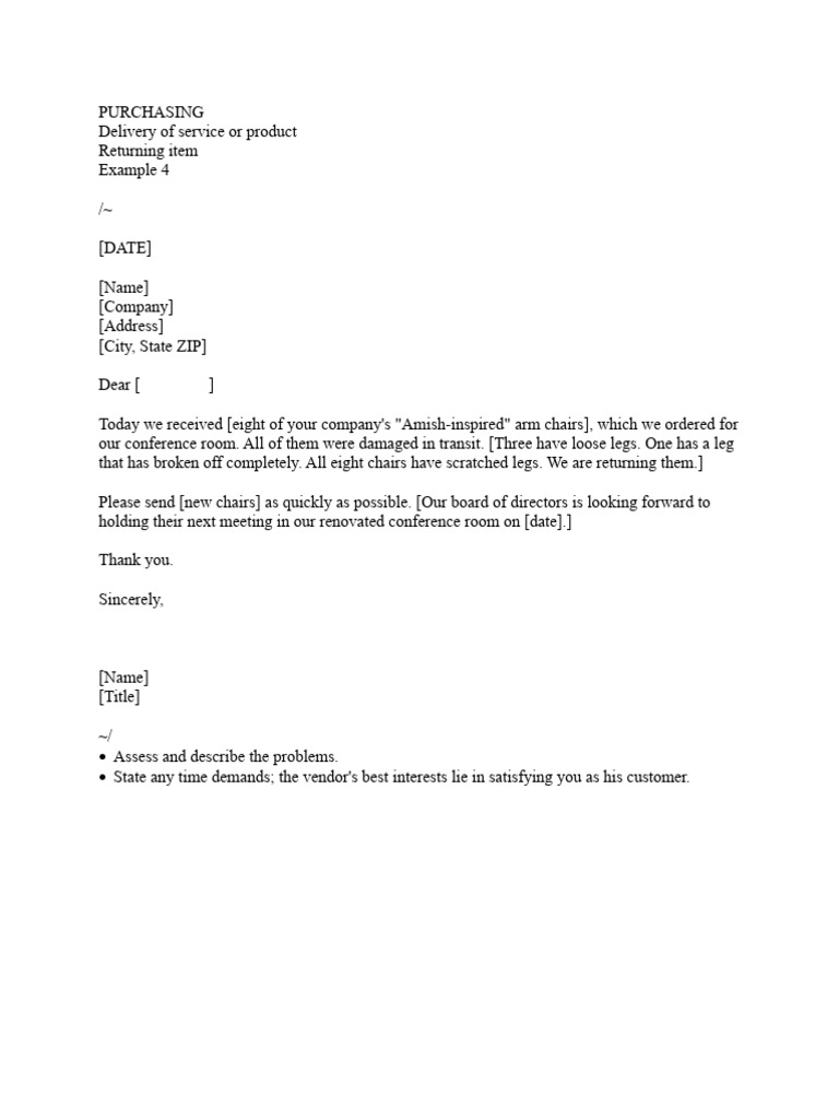 Damaged Chair Return Request Letter | PDF