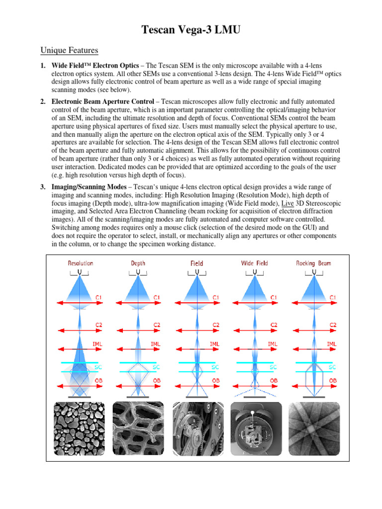 Tescan Vega-3-Lnu Features | PDF | Scanning Electron Microscope | Aperture