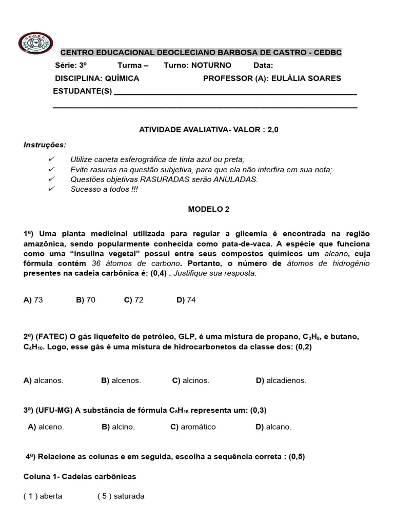 Ativ - Avaliativa-I Uni - Modelo 2 | PDF | Alcano | Gás liquefeito de ...
