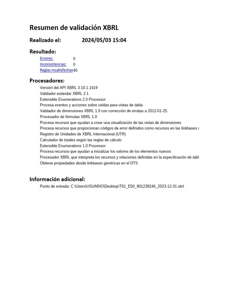 Resumen de Validación XBRL: Realizado El: 2024/05/03 15:04 Resultado | PDF | Contabilidad