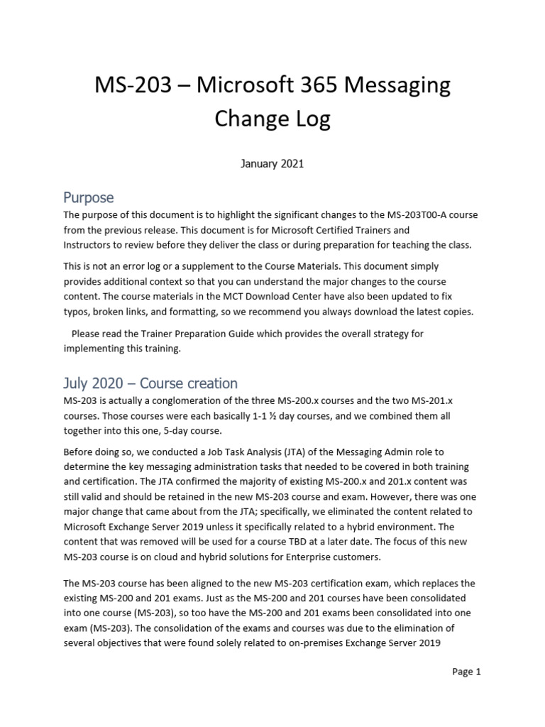 MS 203T00A ENU Change Log | PDF | Microsoft Exchange Server | Software