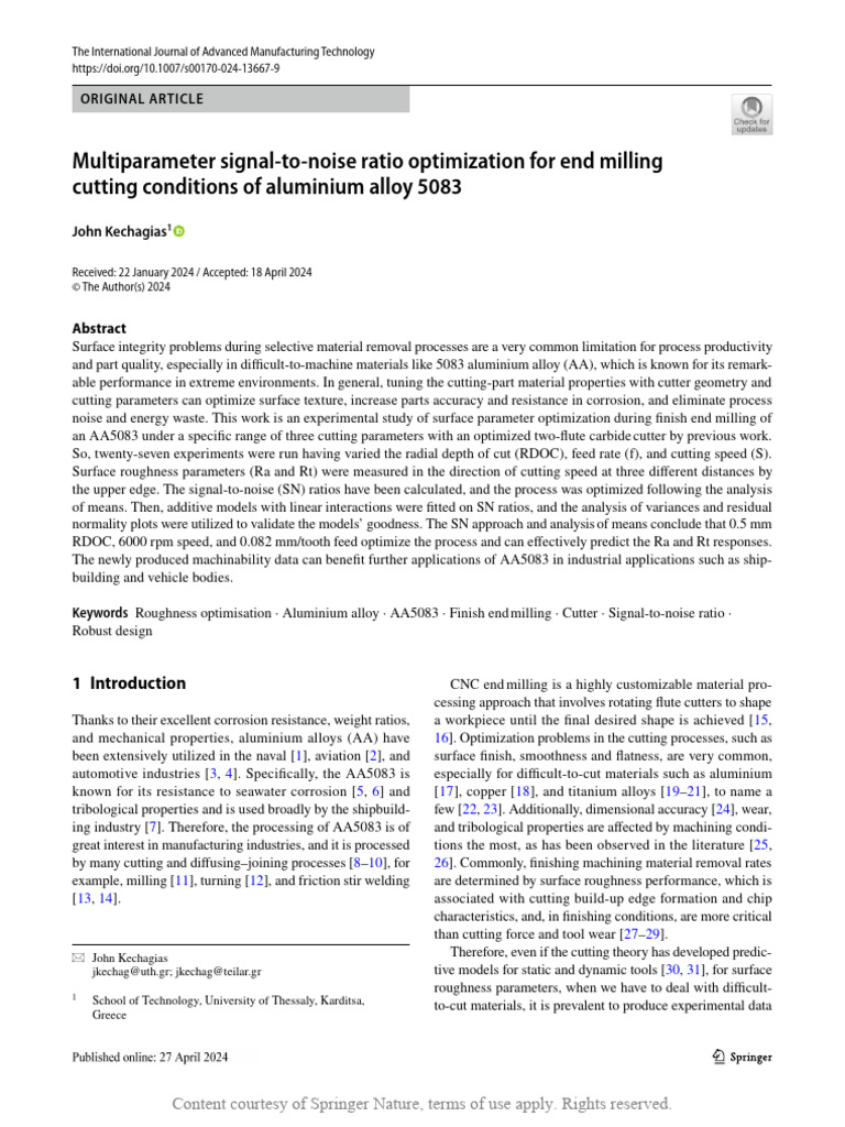 Multiparameter Signal-To-Noise Ratio Optimization For End Milling ...
