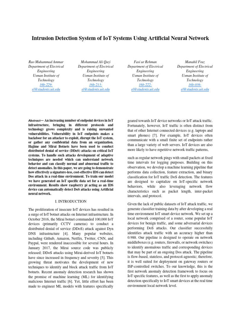 IOT Based Ids System Using ANN | PDF | Denial Of Service Attack | Artificial Neural Network