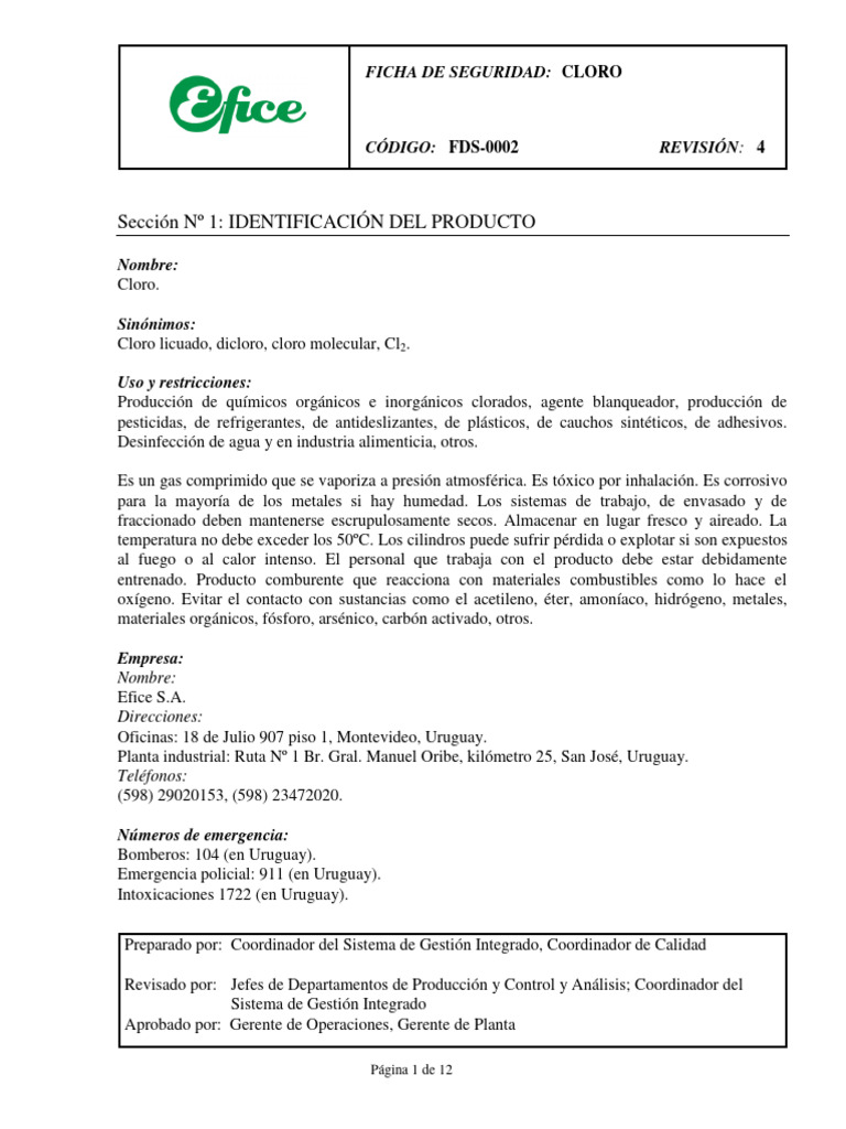 FDS Cloro | PDF | Agua | Cloro