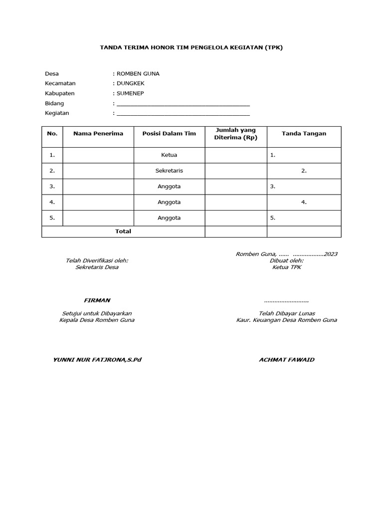Tanda Terima Honor TPK Romben Guna | PDF