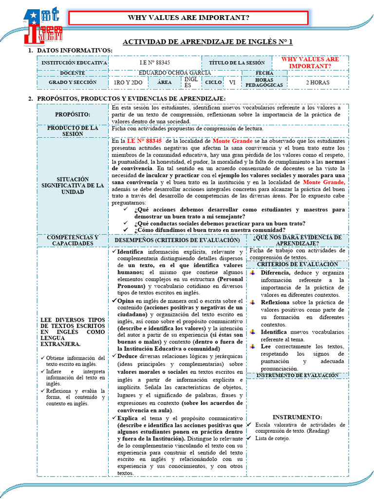 SESIÓN O ACTIVIDAD DE APRENDIZAJE N°1 - UNIDAD 1 - 1ER y 2DO GRADO | PDF | Evaluación | Aprendizaje