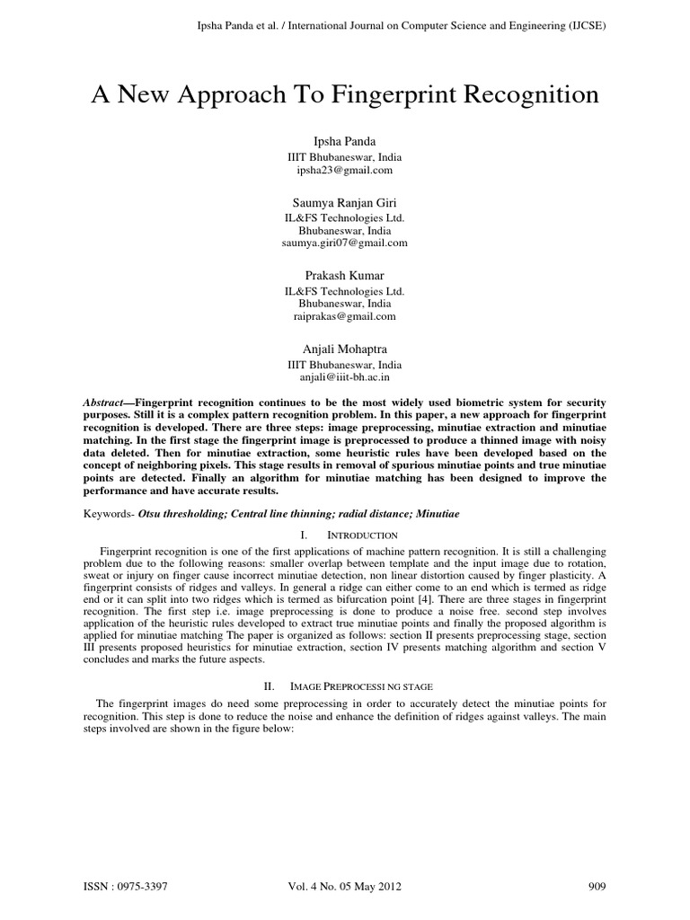 A New Approach To Fingerprint Recognition Download Free Pdf Fingerprint Algorithms 