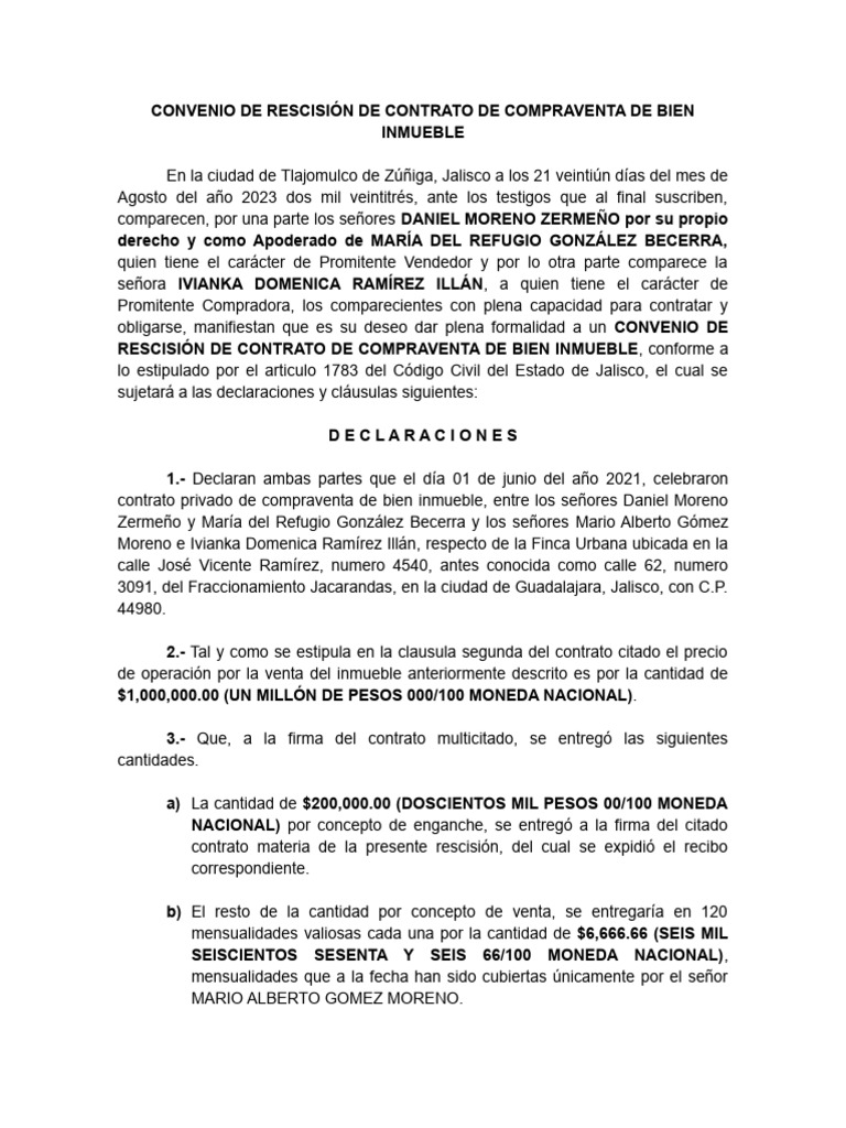 Rescisión de Contrato de Compraventa | PDF