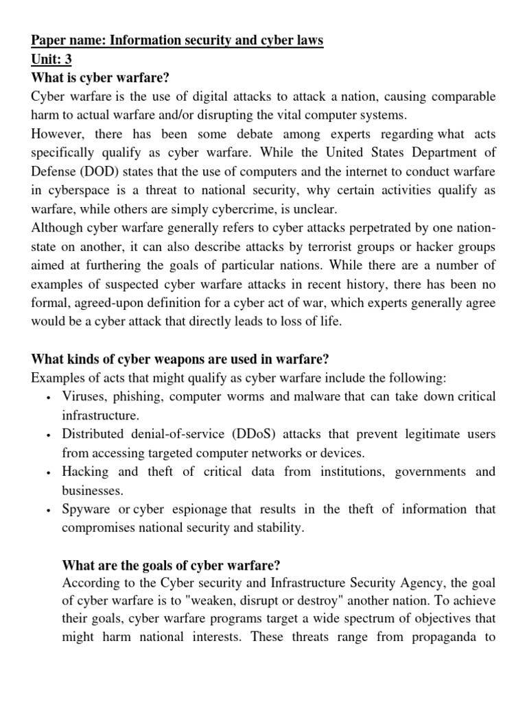 Unit 3 Information Security And Cyber Laws Pdf Cyberwarfare Security