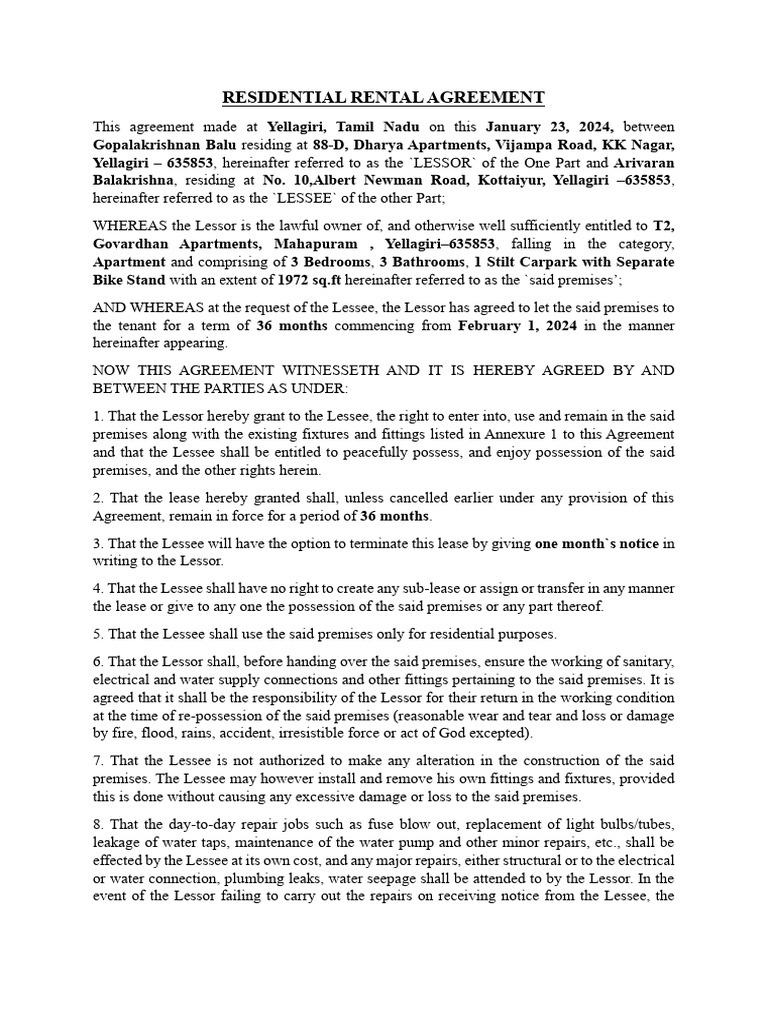 Residential Rental Agreement-Shreshtha Sharma | PDF | Lease | Private Law