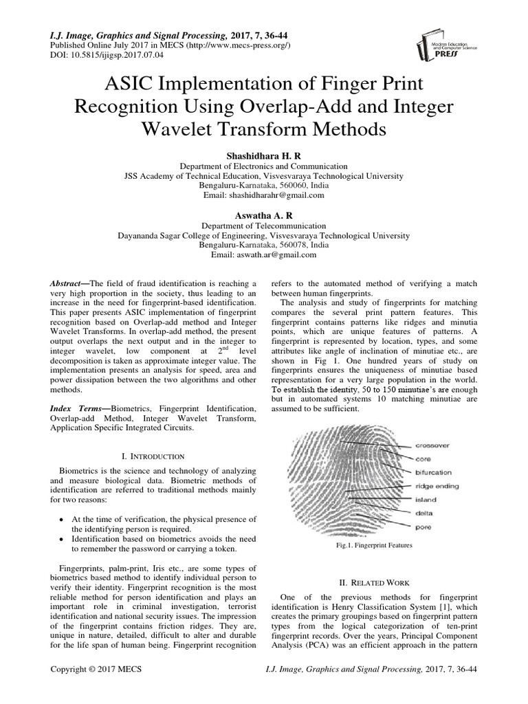 ASIC Implementation of Finger Print Recognition Using Overlap-Add and Integer Wavelet Transform ...