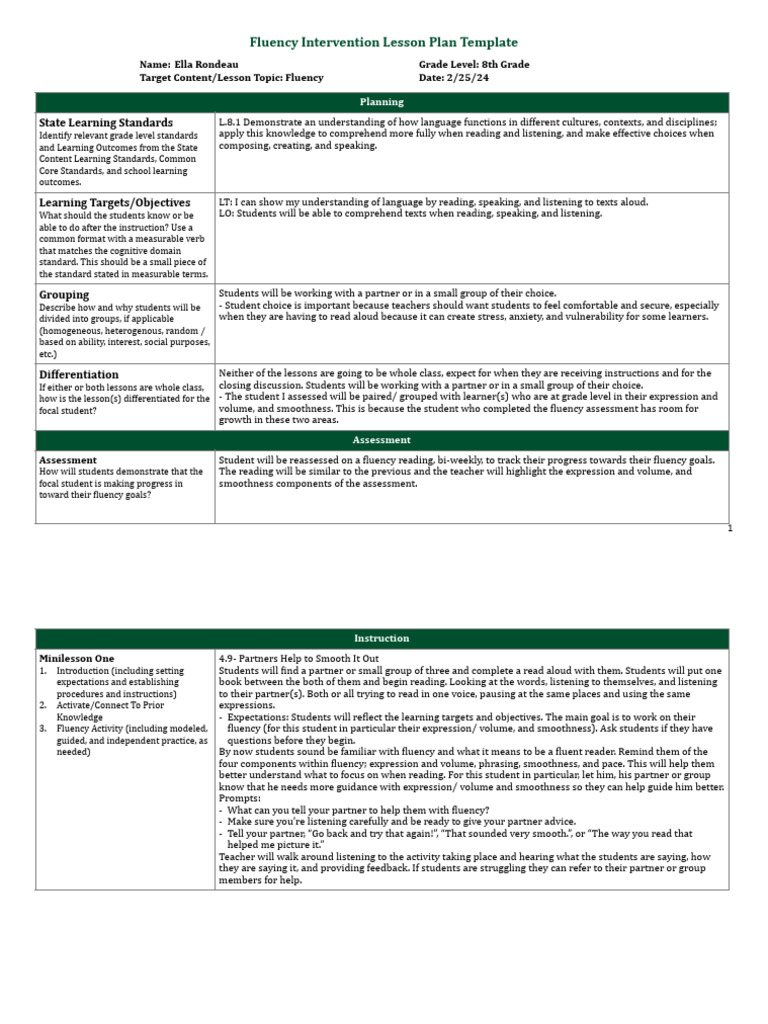 assessing and teaching fluency mini lesson template-merged | PDF | Fluency | Learning