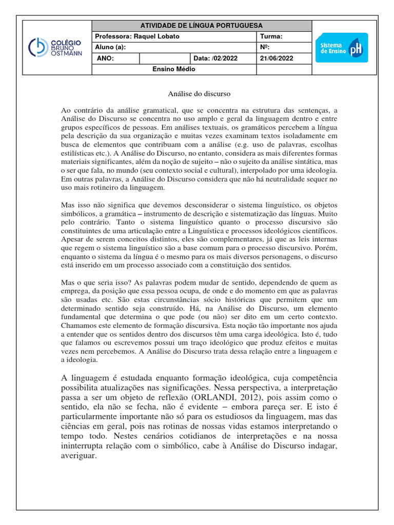 Análise Do Discurso Atividade | Download grátis PDF | Linguística | Discurso