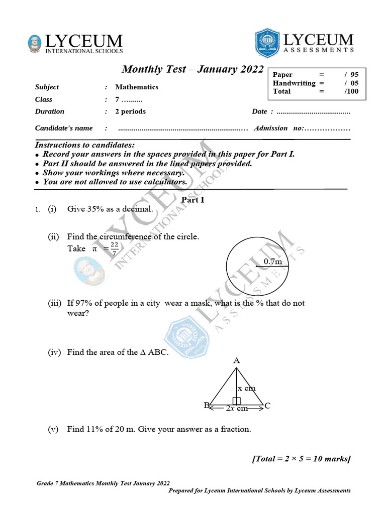 Lyceum_G7 2022 Jan | PDF | Area | Mathematics