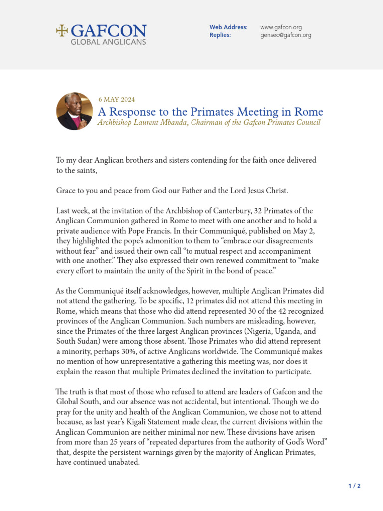 Gafcon Press Release - 6 May 2024 - Archbishop Laurent Mbanda | PDF ...