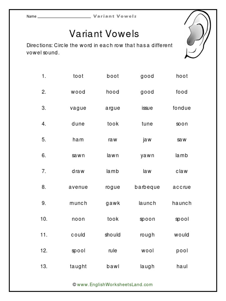 Variant Vowels: Directions: Circle The Word in Each Row That Has A ...