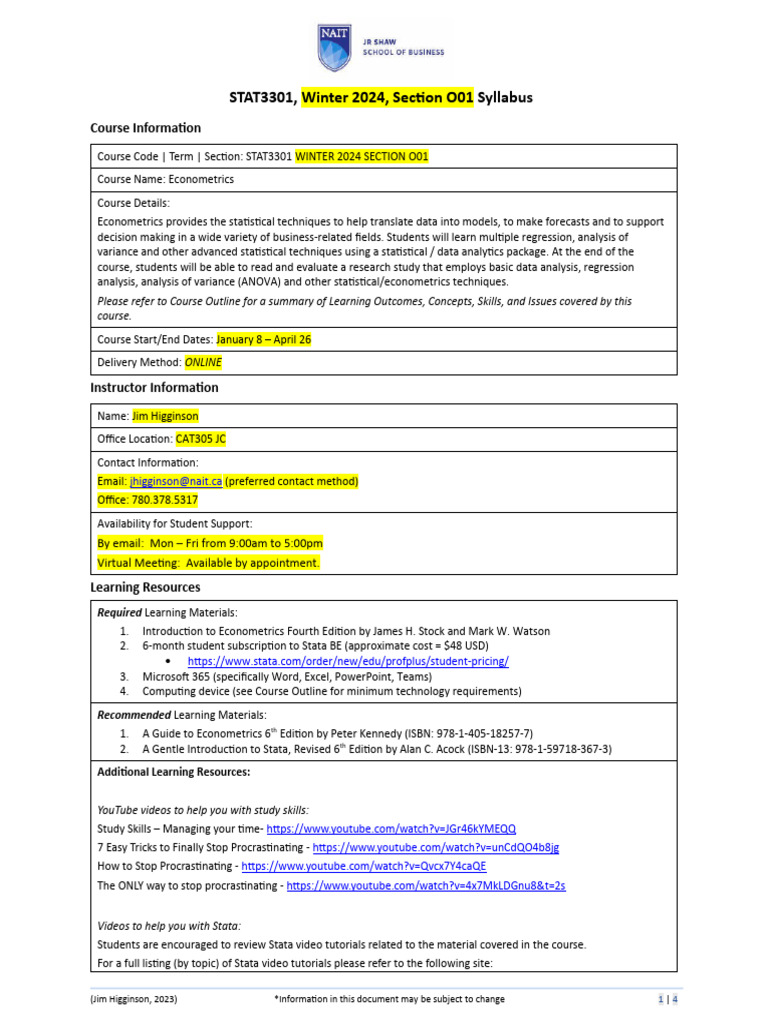 STAT3301 - Course Syllabus - WINTER 2024 - O01 | Download Free PDF ...