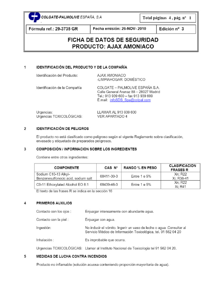 GHS Ajax Amoniaco | PDF